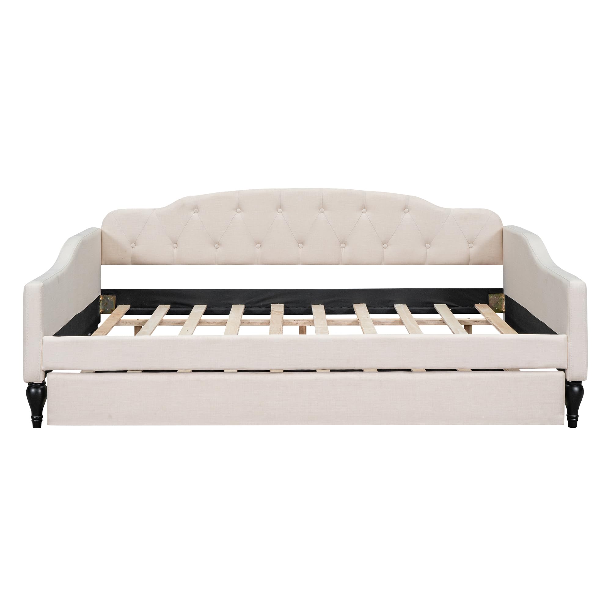 Upholstered Full Daybed with Twin Size Trundle, Full Size Daybed Frame with Button Tufted and Wingback Design, Wooden Full Sofa Bed for Livingroom Bedroom, No Box Spring Needed,Beige