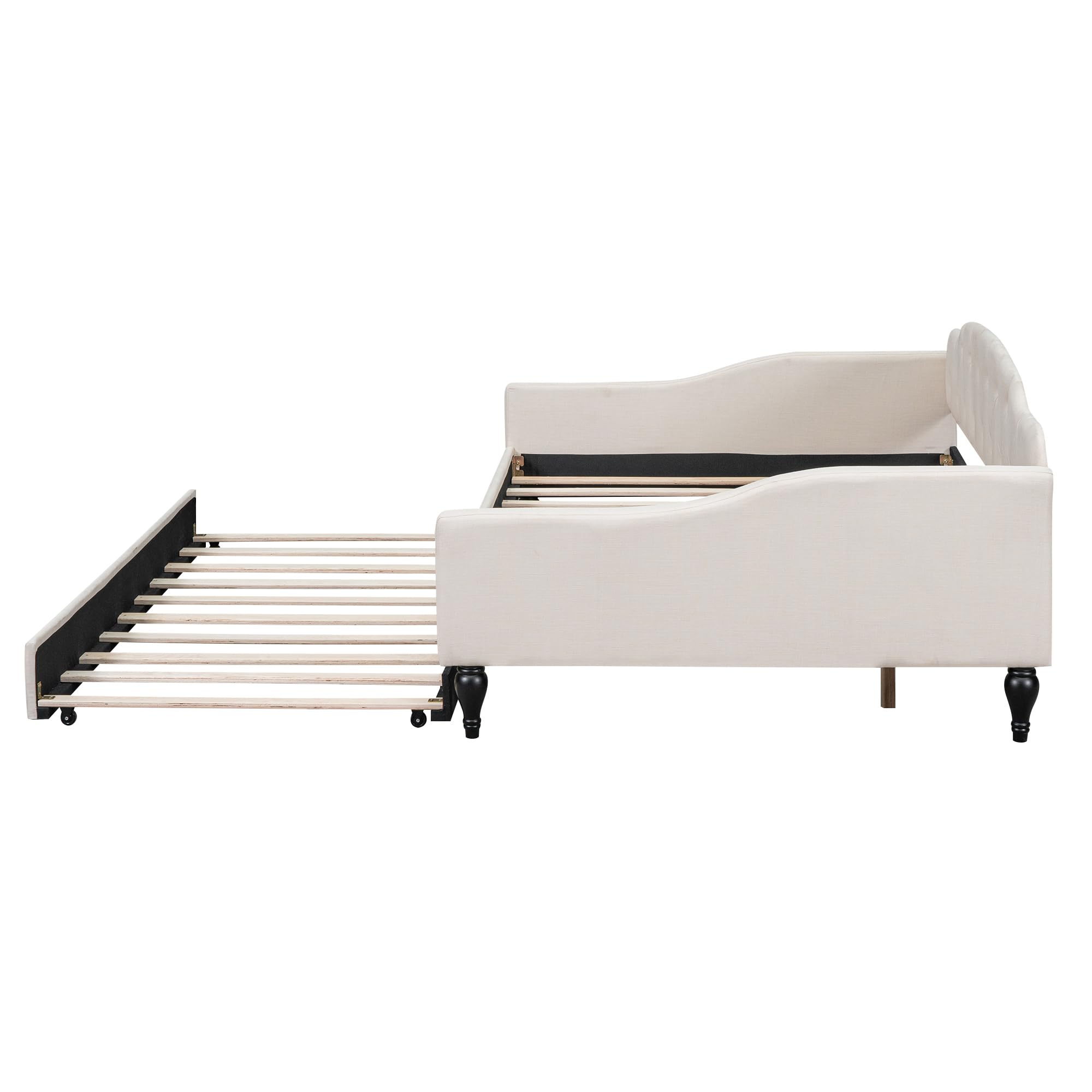 Upholstered Full Daybed with Twin Size Trundle, Full Size Daybed Frame with Button Tufted and Wingback Design, Wooden Full Sofa Bed for Livingroom Bedroom, No Box Spring Needed,Beige