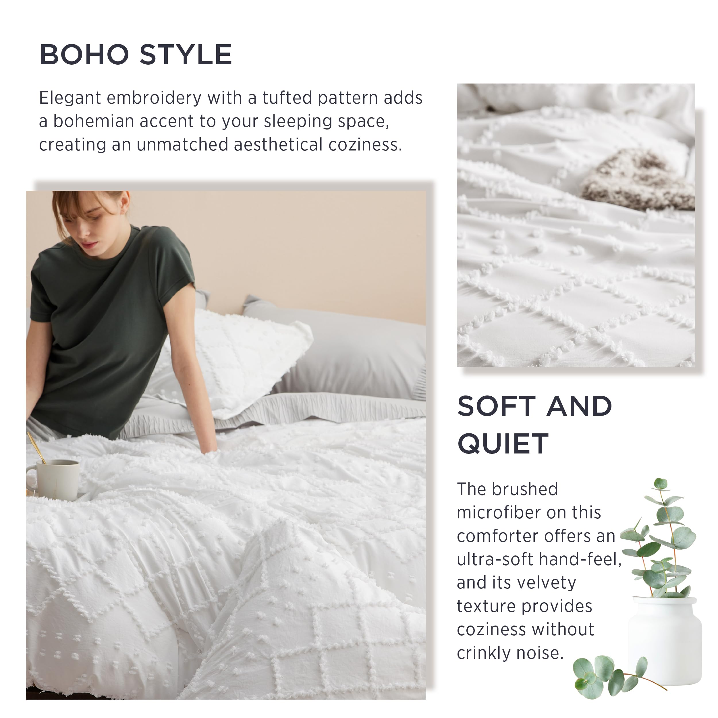 Bedsure Twin/Twin XL Comforter Set - White Boho Twin Extra Long Comforter Set for College, Shabby Chic Dorm Bedding Set, 2 Pieces Modern Farmhouse Bed Set, Includes 1 Pillow Sham