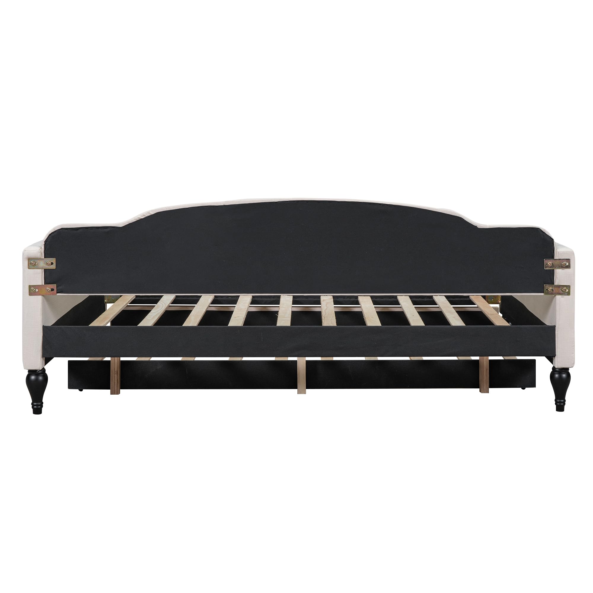 Upholstered Full Daybed with Twin Size Trundle, Full Size Daybed Frame with Button Tufted and Wingback Design, Wooden Full Sofa Bed for Livingroom Bedroom, No Box Spring Needed,Beige