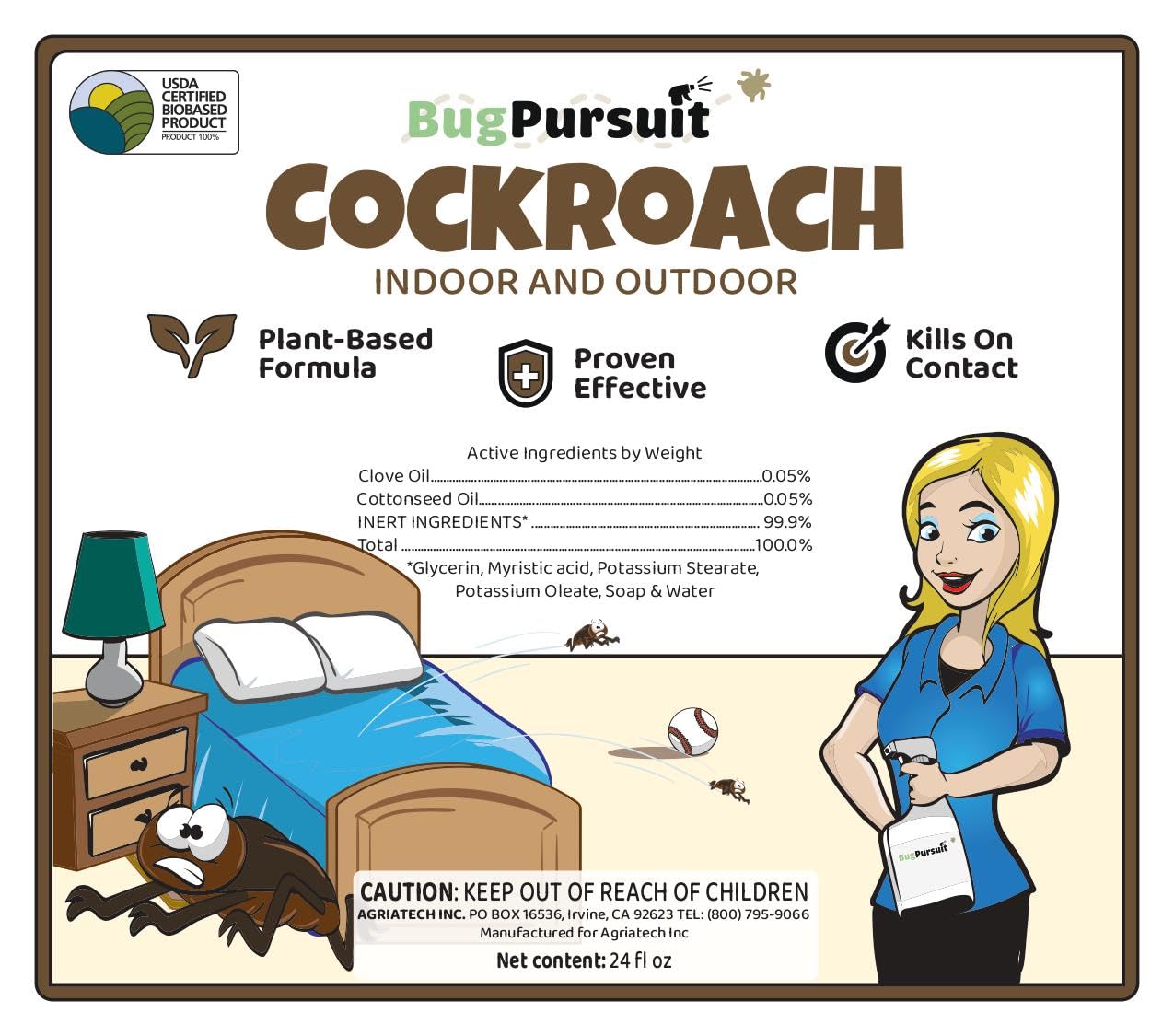 BugPursuit -Cockroach Killer Natural Spray for Home and Kitchen -100% Proven Effective - USDA Biobased Certified - Indoor and Outdoor Use Safe - Plant Based Formula-Non Staining-Child and Pet Safe