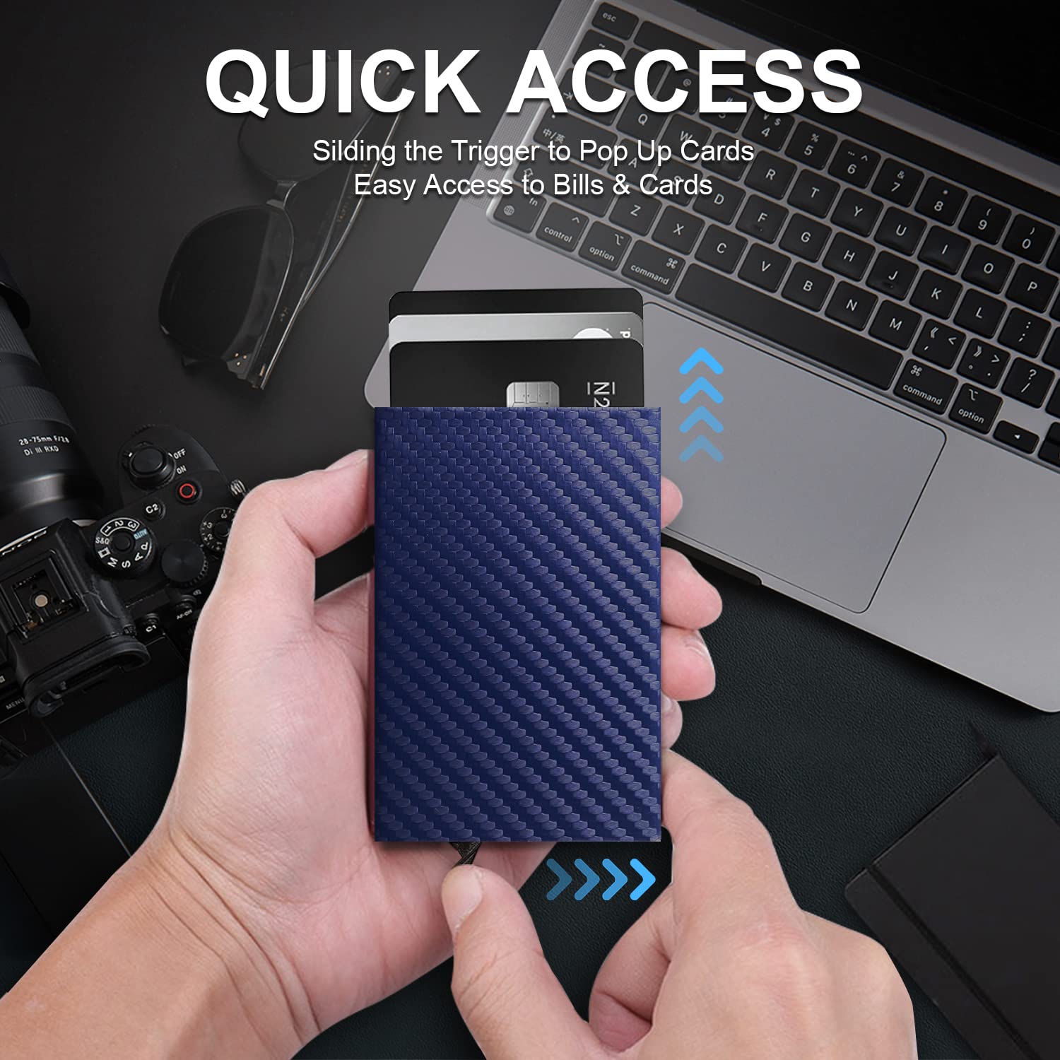SLUKULU Slim Wallet for Men with Money Clip and Credit Card Holder, RFID Blocking Carbon Fiber Wallet,Minimalist Pop-Up Metal Front Pocket Wallet.(Blue)