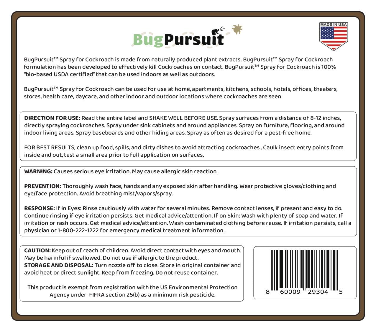 BugPursuit -Cockroach Killer Natural Spray for Home and Kitchen -100% Proven Effective - USDA Biobased Certified - Indoor and Outdoor Use Safe - Plant Based Formula-Non Staining-Child and Pet Safe