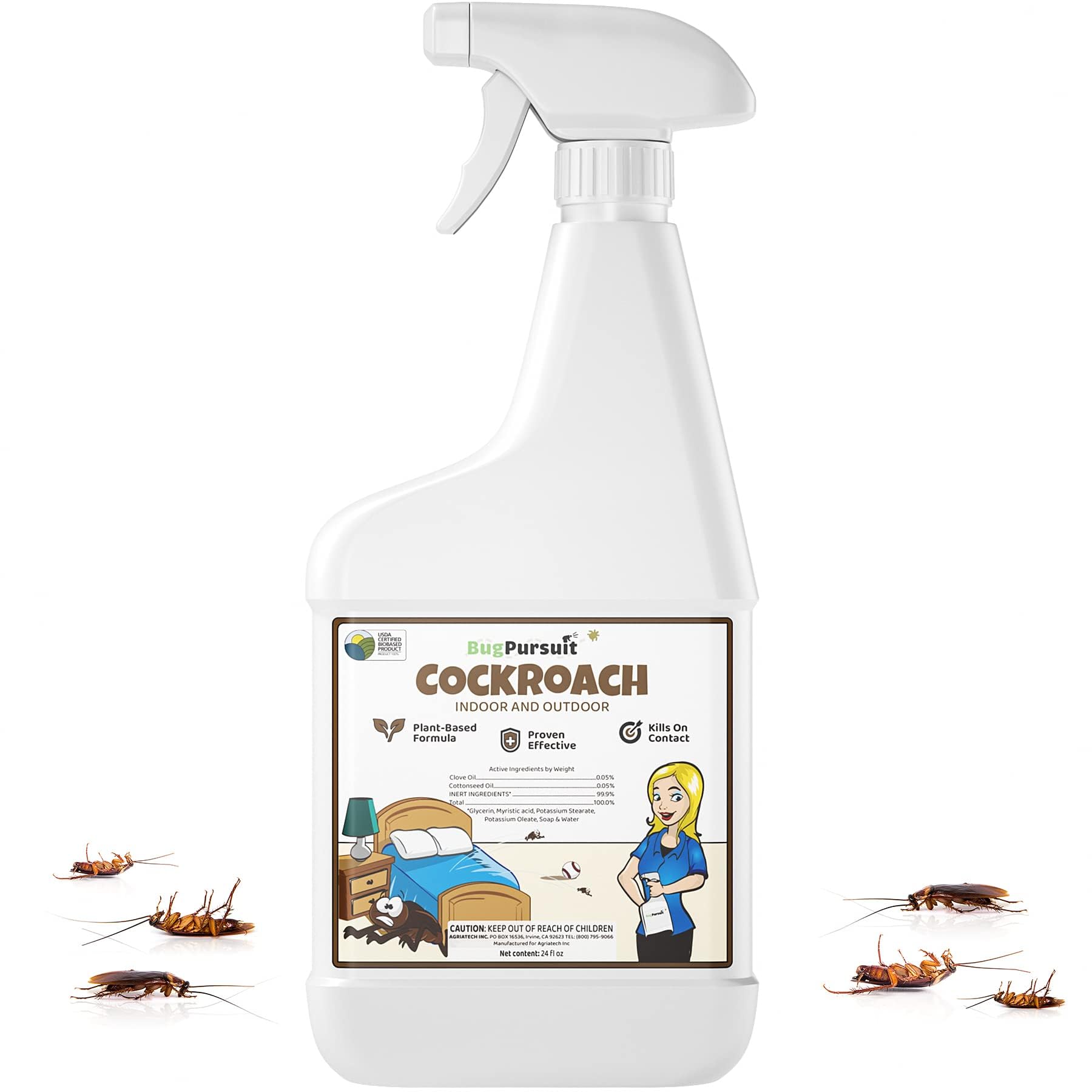 BugPursuit -Cockroach Killer Natural Spray for Home and Kitchen -100% Proven Effective - USDA Biobased Certified - Indoor and Outdoor Use Safe - Plant Based Formula-Non Staining-Child and Pet Safe