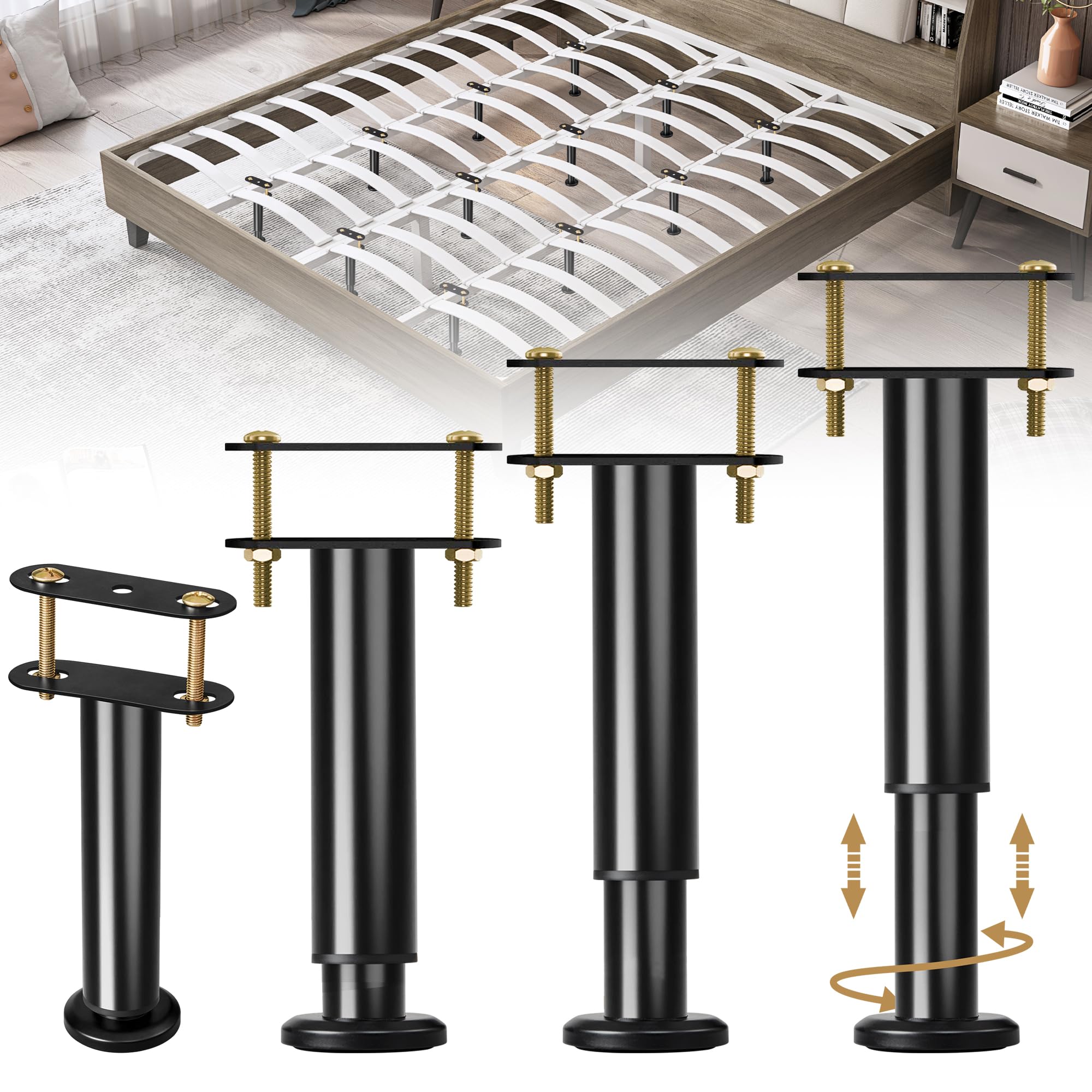 4 Pack Adjustable Height Center Support Leg for Bed Frame, Upgrade Under Bed Support Leg with Wider Base, Bed Support Legs for Wood Slats, Bed Frame Legs Replacement, Patas para Cama Queen De Madera