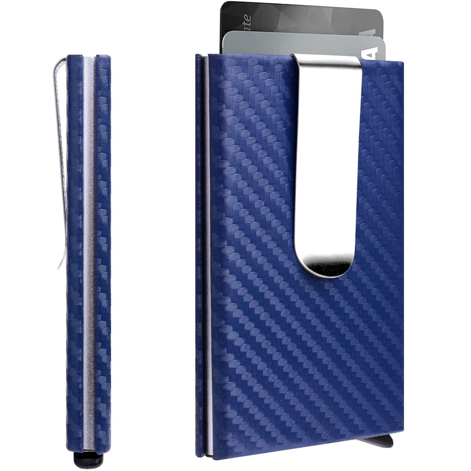 SLUKULU Slim Wallet for Men with Money Clip and Credit Card Holder, RFID Blocking Carbon Fiber Wallet,Minimalist Pop-Up Metal Front Pocket Wallet.(Blue)
