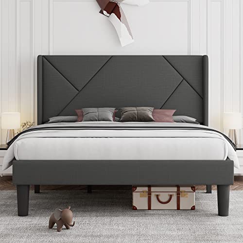 King Size Bed Frame with Headboard, Upholstered Platform Bedframe with Wingback, Heavy-Duty Metal Frames with Solid Wooden Slats No Box Spring Needed (Dark Grey, King (U.S. Standard))