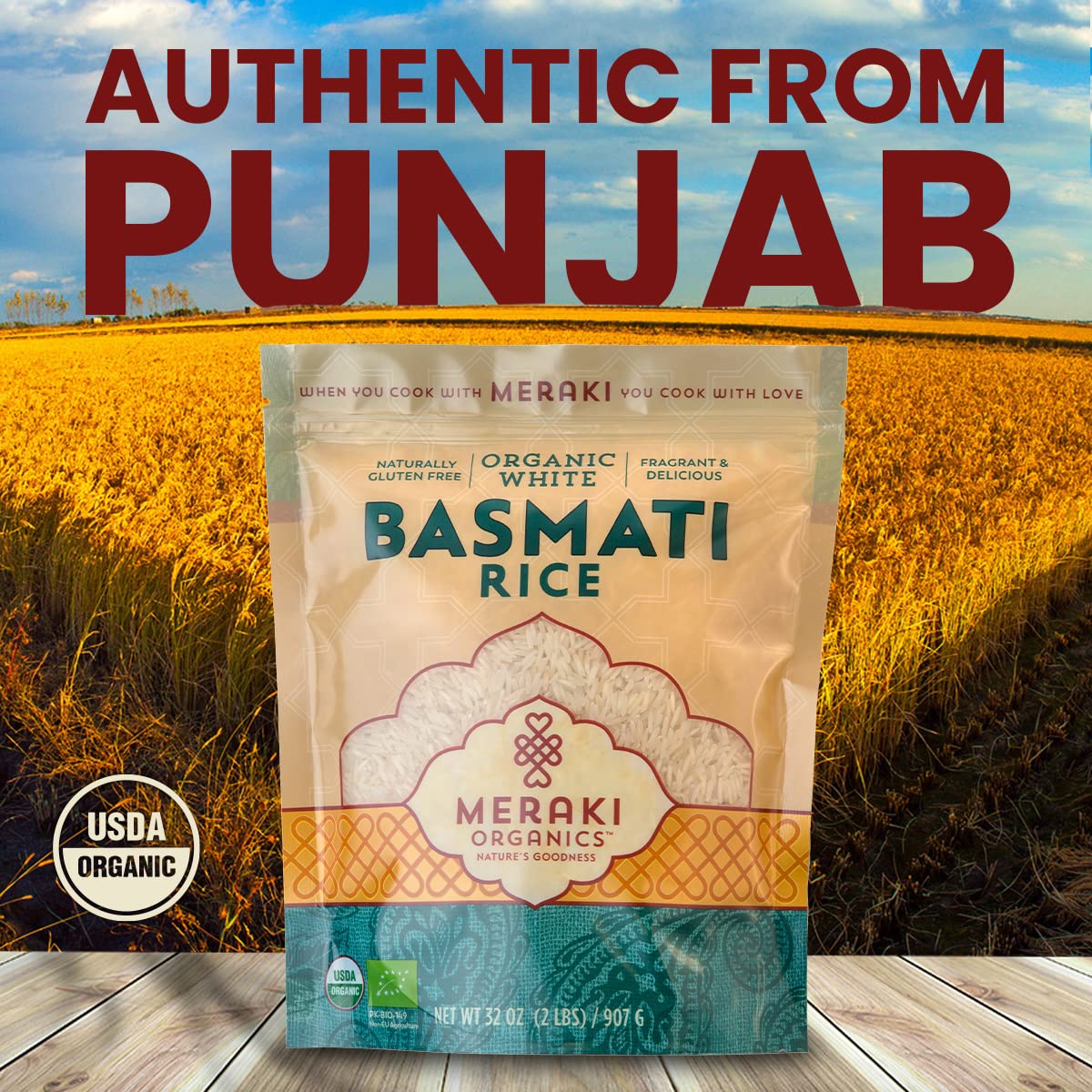 Meraki Organic White Basmati Rice 2 LB Bag - Pleasant Aroma, Thin, Extra Long Separated Fluffy Texture - Authentic Rice from Punjab, 100% USDA Certified Organic, Gluten-Free, Non-GMO, Vegan, Halal Kosher Low Sodium & Delicious No Artificial Flavors