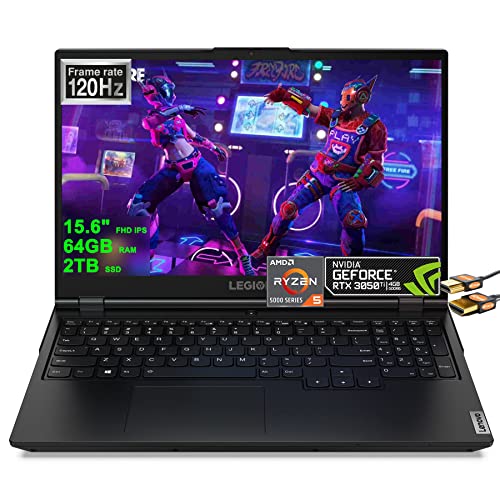 Lenovo Legion 5 15 Gaming Laptop 15.6" FHD IPS 120Hz (Anti-Glare, FreeSync) AMD Hexa-Core Ryzen 5 5600H (Beats i5-11300H) 64GB RAM 2TB SSD GeForce RTX 3050 Ti 4GB USB-C Backlit Win11 + HDMI Cable