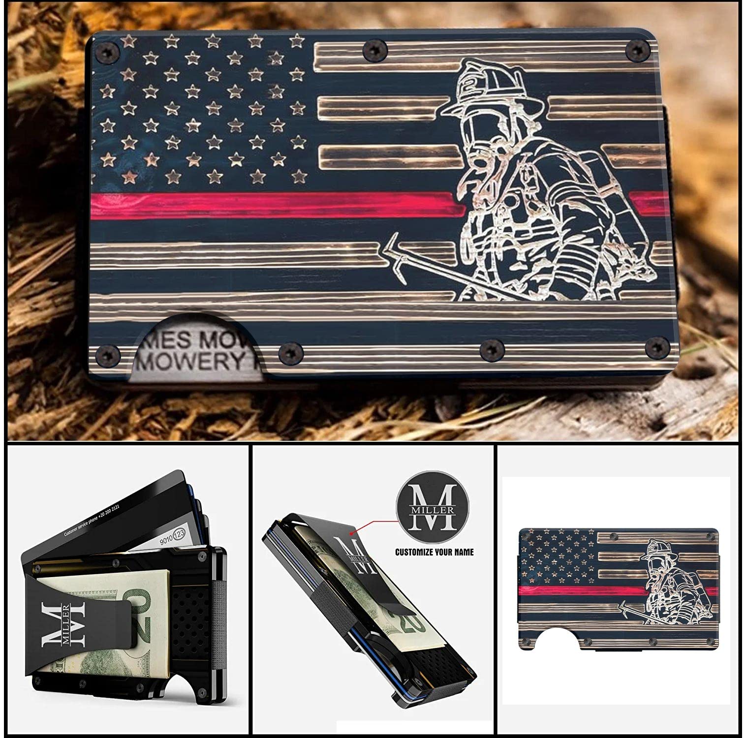 MIKENCO Firefighter Gifts for Men Fire Wallet Helmet Fireman Tools Fighter Dept Department Card Holder Metal Aluminum Firefighter Wallet