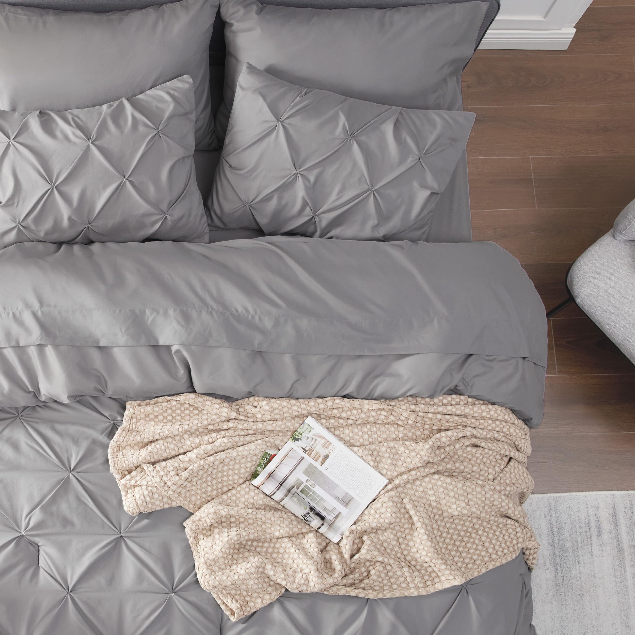 Bedsure Twin Comforter Set Grey - Bed in a Bag Twin Size 5 Pieces, GentleSoft™ Pintuck Bed Set Gift for Family, Pinch Pleat Grey Comforter with Sheets, Pillowcase & Sham