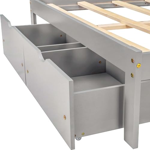 Full Size Bed Frame with 2 Drawers, Full Bed Frame with Storage, Wooden Platform Bed Frame with Headboard, Noise Free, No Box Spring Needed for Teens Adults Bedroom (Gray)