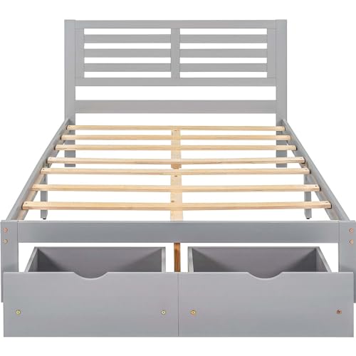 Full Size Bed Frame with 2 Drawers, Full Bed Frame with Storage, Wooden Platform Bed Frame with Headboard, Noise Free, No Box Spring Needed for Teens Adults Bedroom (Gray)