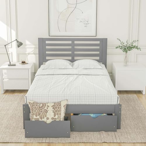 Full Size Bed Frame with 2 Drawers, Full Bed Frame with Storage, Wooden Platform Bed Frame with Headboard, Noise Free, No Box Spring Needed for Teens Adults Bedroom (Gray)