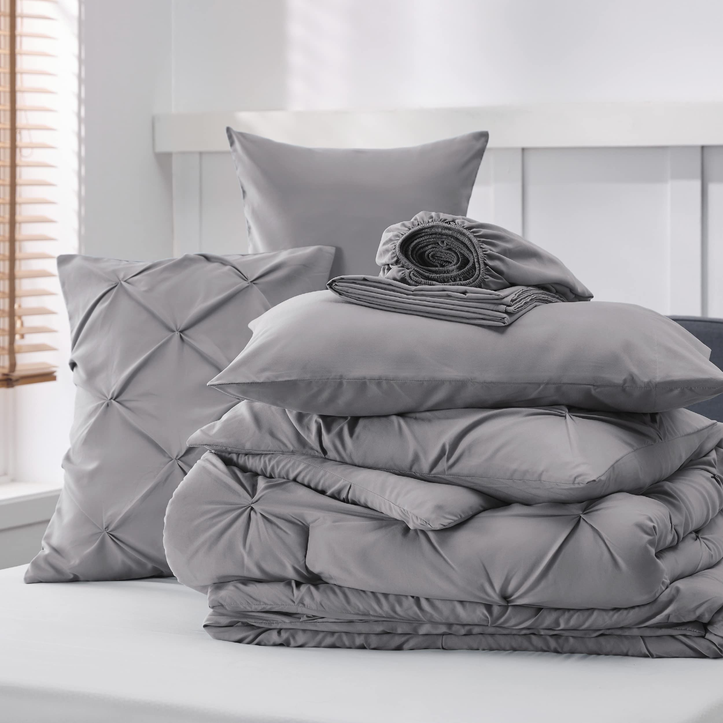 Bedsure Twin Comforter Set Grey - Bed in a Bag Twin Size 5 Pieces, GentleSoft™ Pintuck Bed Set Gift for Family, Pinch Pleat Grey Comforter with Sheets, Pillowcase & Sham