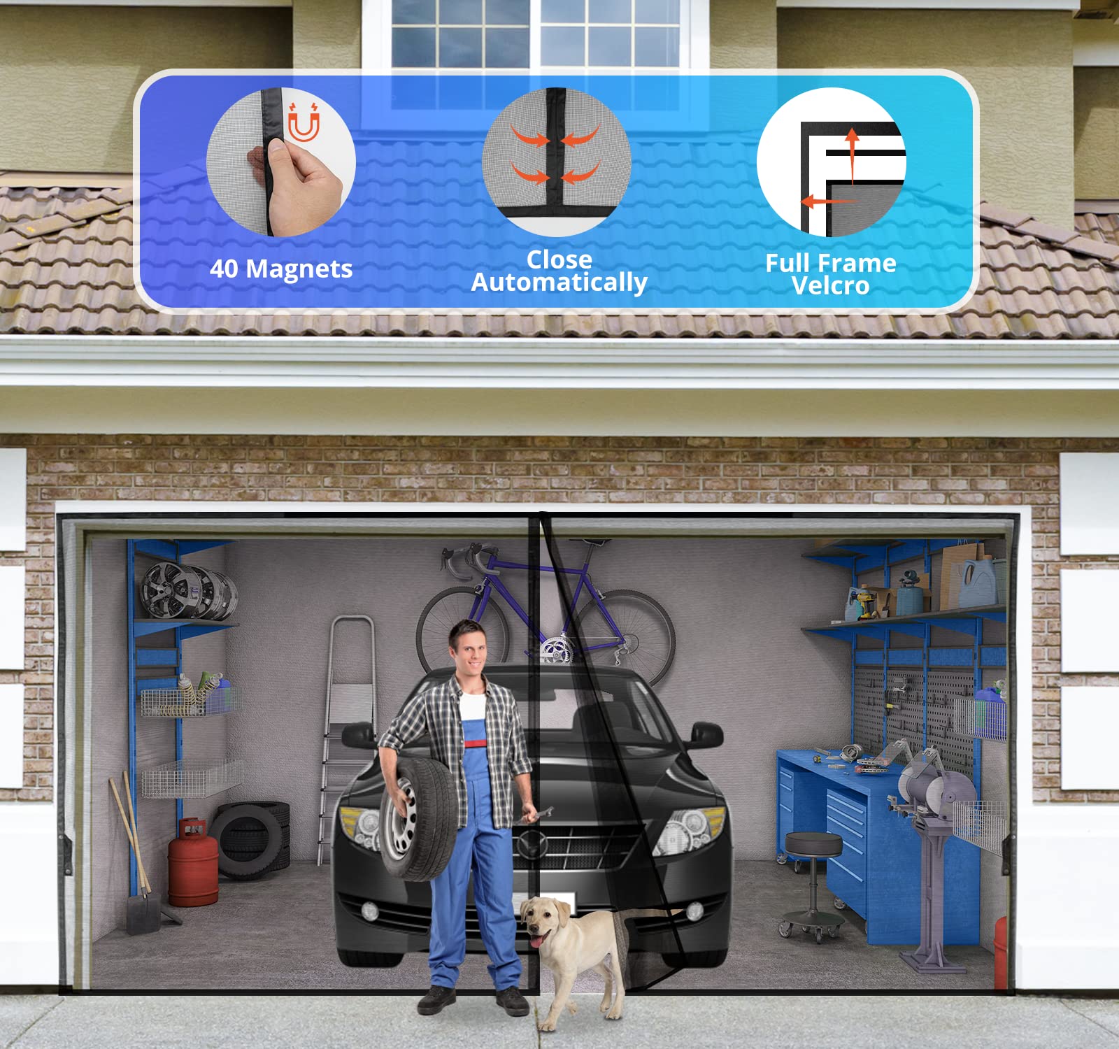 Garage Door Screen For 1 Car 10x8FT, Magnetic Screen Garage with Retractable Fiberglass Mesh and Heavy Duty Weighted Bottom, Easy Assembly & Pass, Hands Free Screen Door w/ 40 Magnets for Garage/Patio