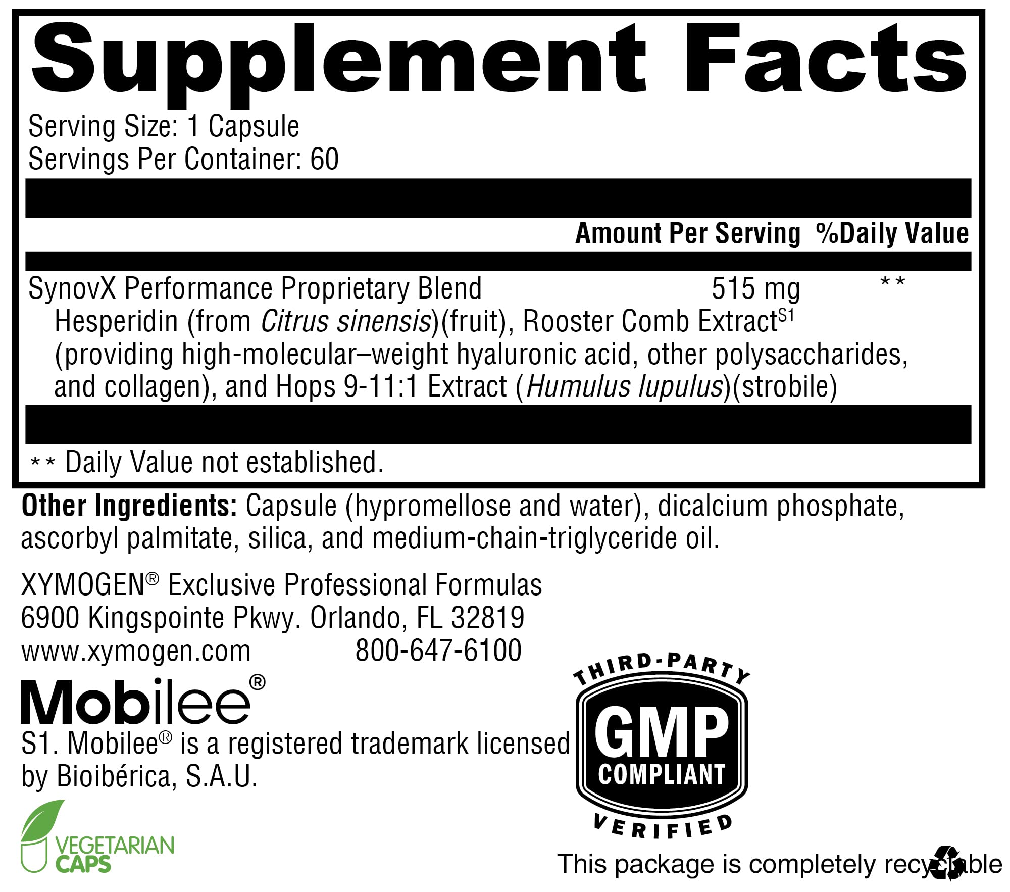XYMOGEN SynovX Performance - Stay Active with Joint Mobility & Cytokine Balance Support - Joint Supplements for Women, Men and Athletes with High Molecular Weight Hyaluronic Acid (60 Capsules)