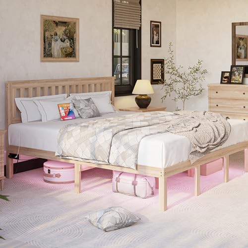 Natural Solid Rubber Wood King Bed Frame with Outlets, Platform Bed with Wooden Headboard and Slats, No Box Spring Needed, Easy Assembly, King Size