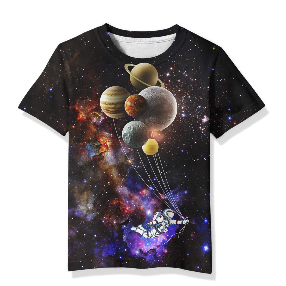 Linnhoy Boys Shirts Girls Shirts Casual Short Sleeve T-Shirt 3D Galaxy Printed Planet Graphic Tees for Kids Unisex Novelty Space Tops 8-10 Years