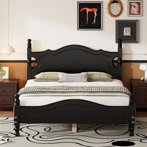 Lifeand Full Size Wood Platform Bed Frame,Retro Style Platform Bed with Wooden Slat Support,Black