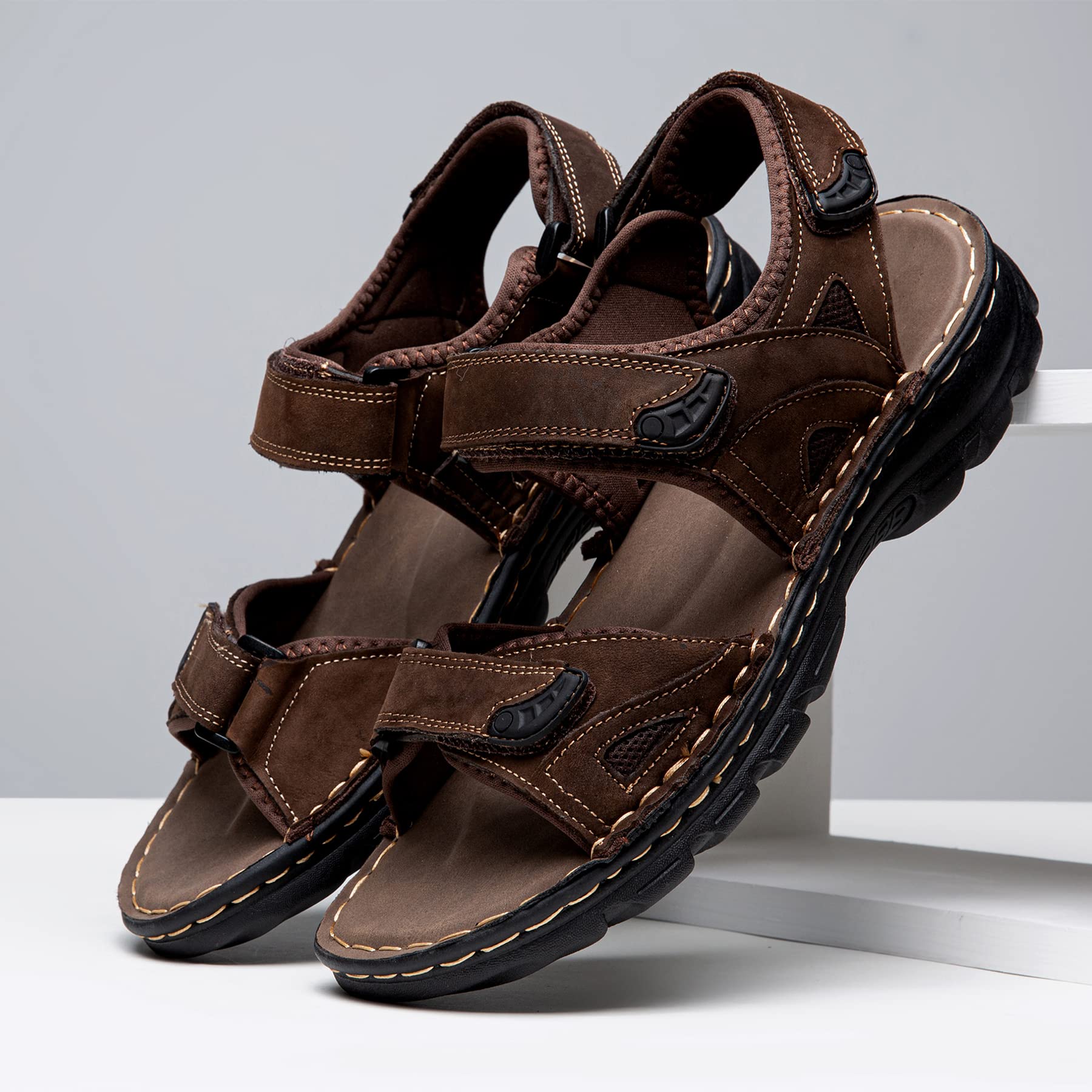 Jousen Men's Leather Sandals Arch Support Summer Outdoor and Indoor Beach Open Toe Fishermans Sandals for Men (AMY2010 Dark Brown 10)