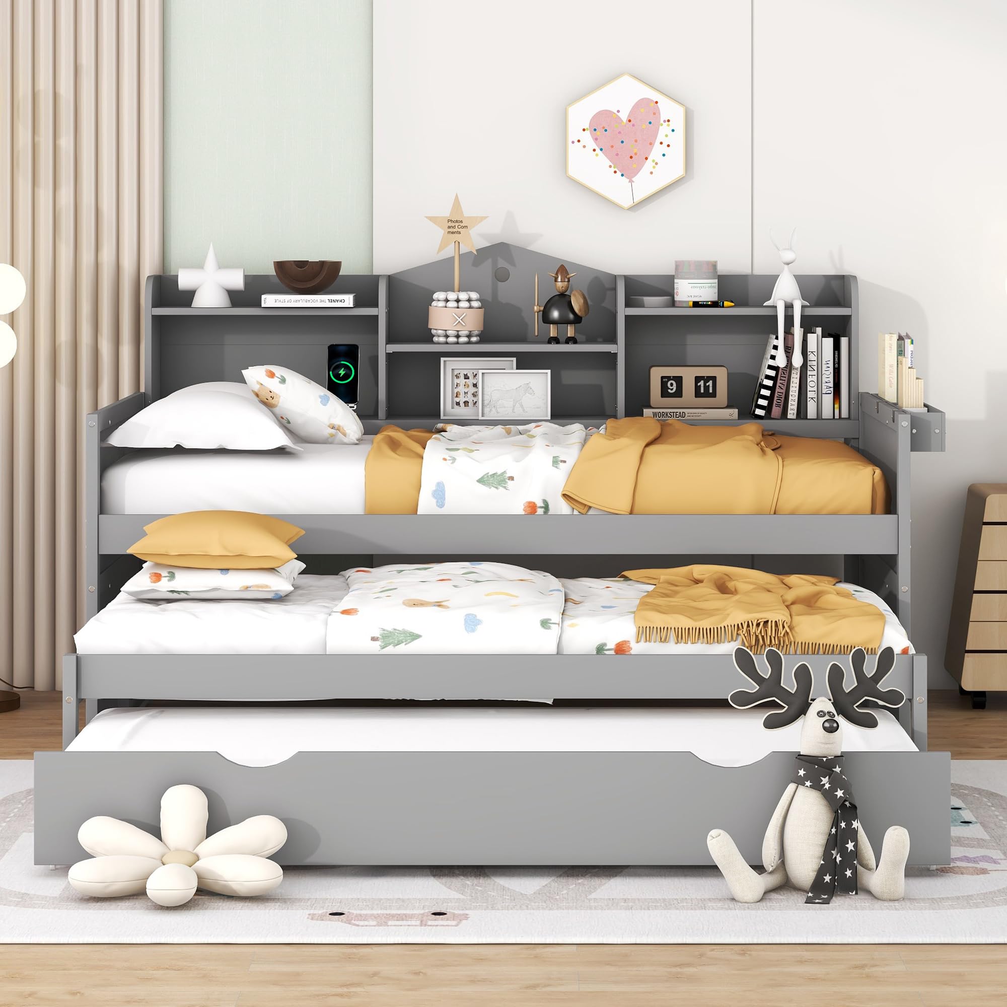 Flieks Wooden Daybed, Twin XL Bed Frame with 2 Twin Trundles, Storage Shelf, and USB Charging Ports, Wood Slat Support, No Box Spring Needed, Easy Assembly, Grey