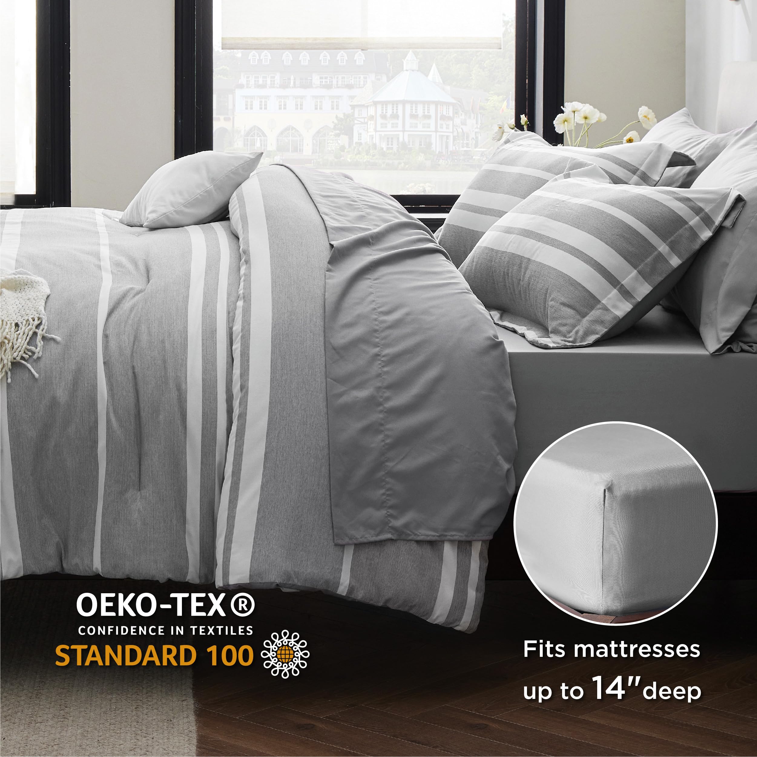 Bedsure Twin Comforter Set 5 Pieces, Grey Striped Bedding Set for Twin Size Bed Reversible, Cationic Dyeing Bed in a Bag with Comforter, Sheets, Pillowcase & Sham