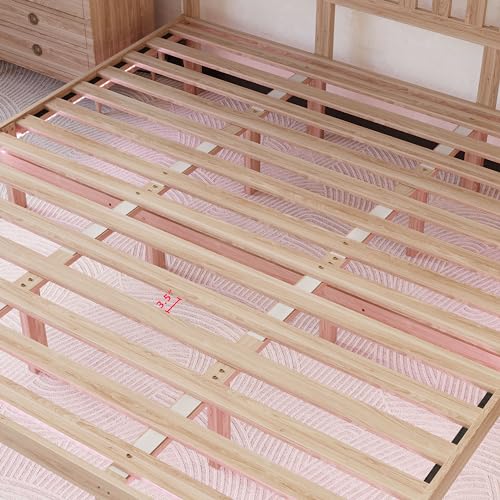 Natural Solid Rubber Wood King Bed Frame with Outlets, Platform Bed with Wooden Headboard and Slats, No Box Spring Needed, Easy Assembly, King Size