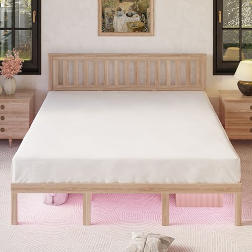 Natural Solid Rubber Wood King Bed Frame with Outlets, Platform Bed with Wooden Headboard and Slats, No Box Spring Needed, Easy Assembly, King Size