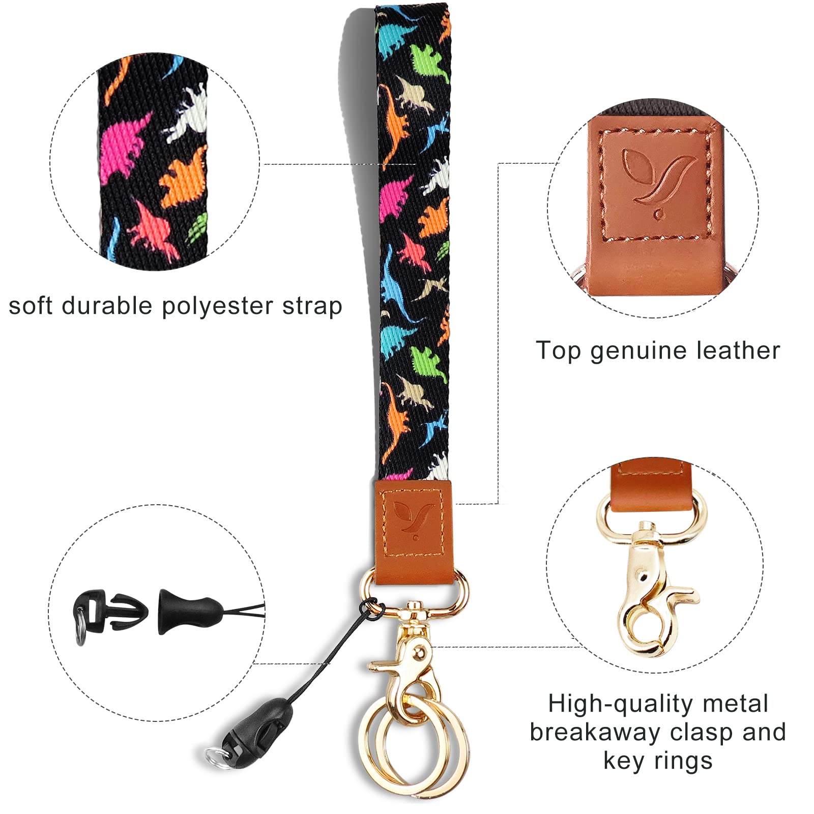 Yiflin Cute Wrist Lanyard for Keys, Keychain, Wallet, Id Holder, Cell Phone, Wristlet Lanyard Key Chain Holder(Colored Dinosaur S)