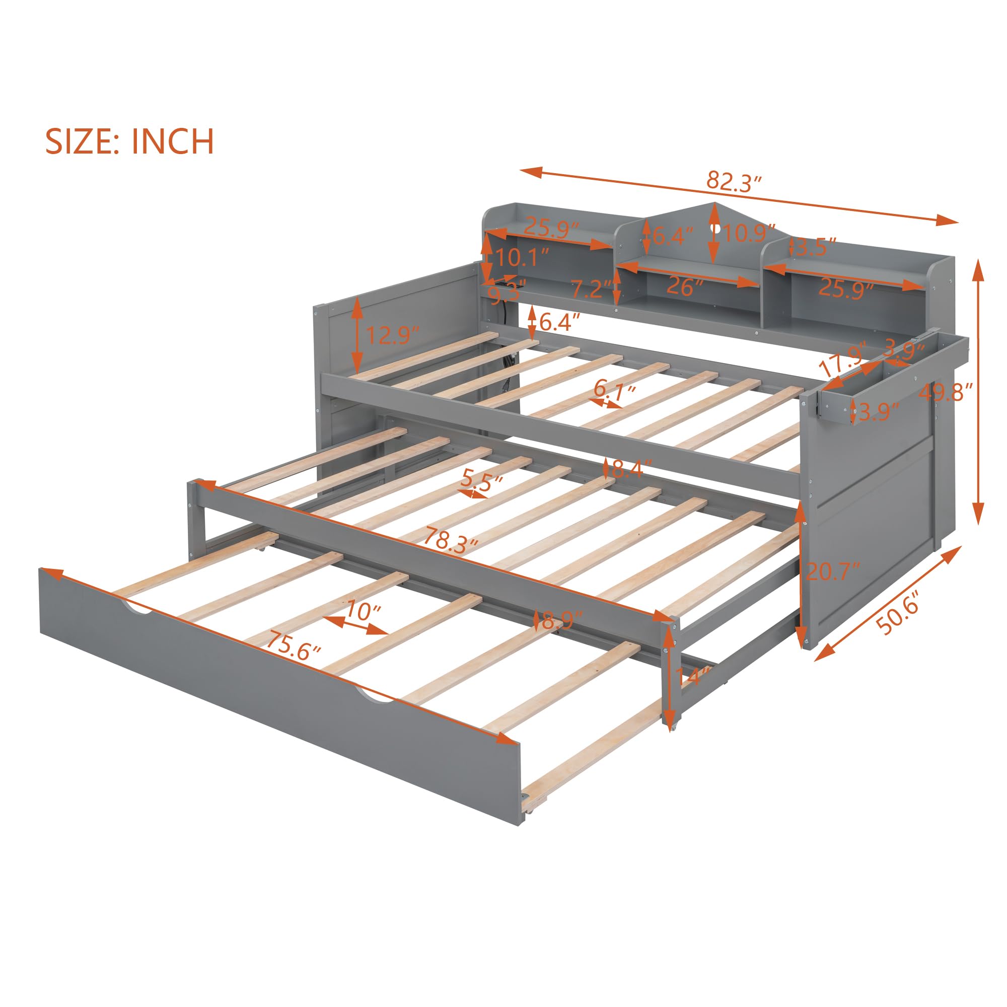 Flieks Wooden Daybed, Twin XL Bed Frame with 2 Twin Trundles, Storage Shelf, and USB Charging Ports, Wood Slat Support, No Box Spring Needed, Easy Assembly, Grey