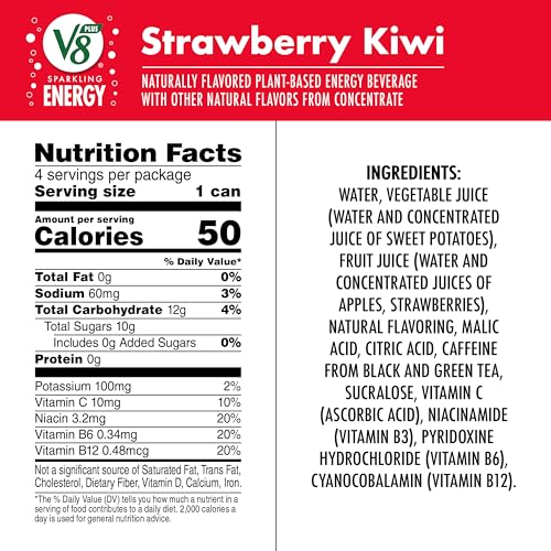 V8 +Energy Sparkling Strawberry Kiwi Juice Energy Drink, 11.5 fl oz Can (4 Pack)