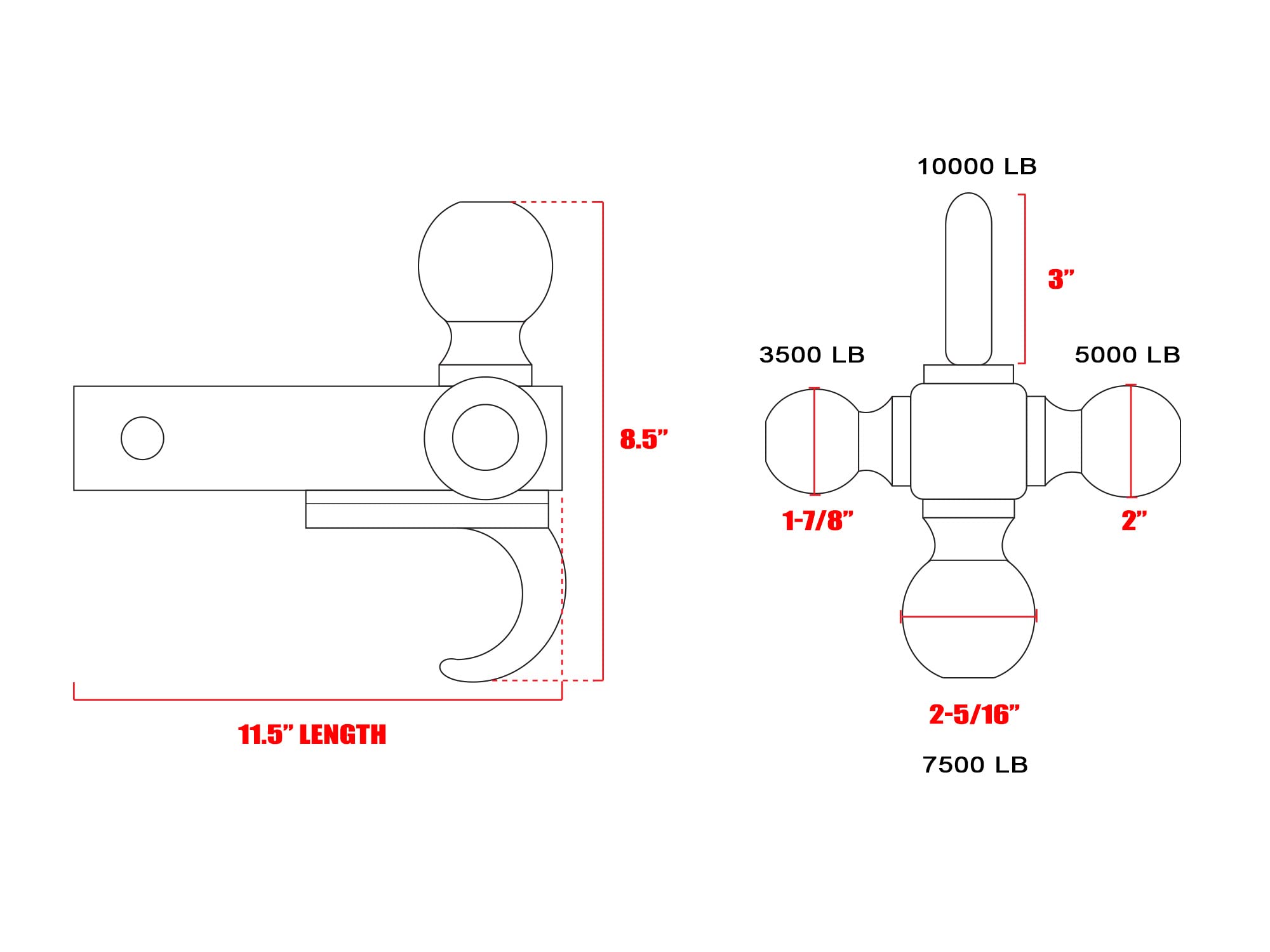 Armordillo 8719442 3-in-1 Loaded Tri-Ball Mount with Hook Universal Fits 2-Inch Receiver Tube Trailer Hitch