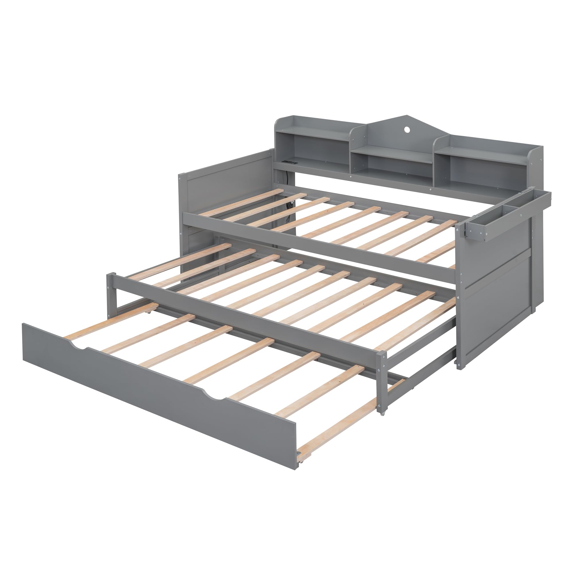 Flieks Wooden Daybed, Twin XL Bed Frame with 2 Twin Trundles, Storage Shelf, and USB Charging Ports, Wood Slat Support, No Box Spring Needed, Easy Assembly, Grey