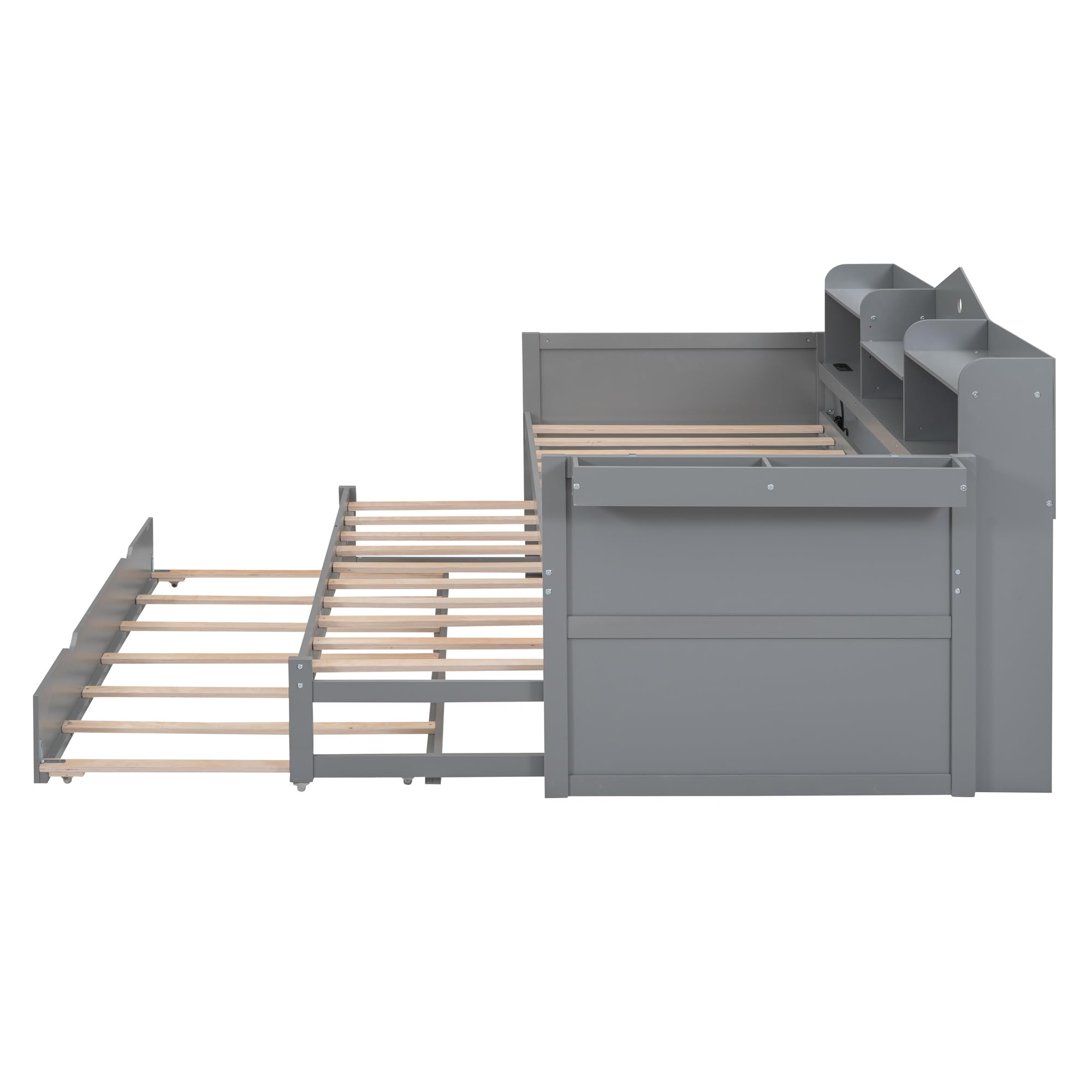 Flieks Wooden Daybed, Twin XL Bed Frame with 2 Twin Trundles, Storage Shelf, and USB Charging Ports, Wood Slat Support, No Box Spring Needed, Easy Assembly, Grey