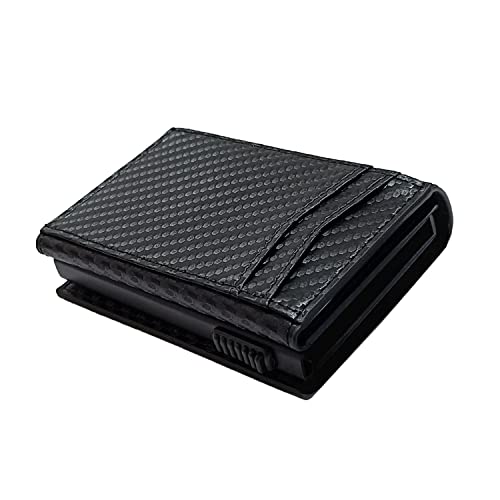 Pop Up Wallet Smart Wallet For Men,Stealth RFID Blocking Mens Credit Card Holder,Aluminum Trifold Leather Wallets With ID Window,Front Pocket Compact Wallet For Men And Women(Carbon Fiber Black)