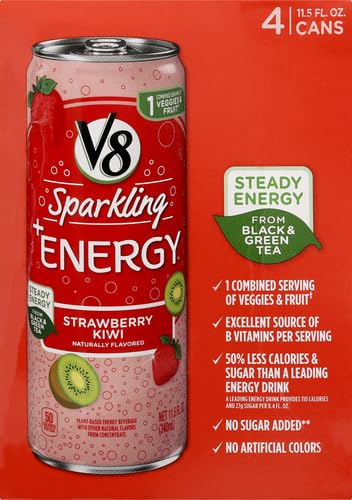 V8 +Energy Sparkling Strawberry Kiwi Juice Energy Drink, 11.5 fl oz Can (4 Pack)