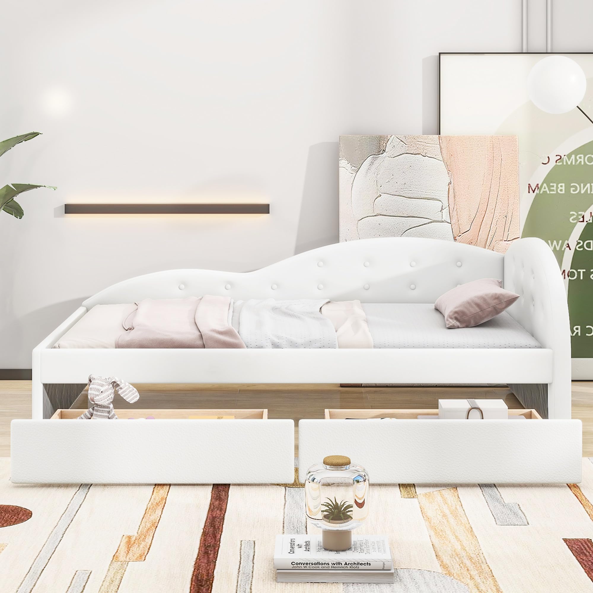 Hlcodca Twin Size Upholstered Daybed with Two Drawers and Cloud Shaped Guardrail, Pu Upholstered Tufted Platform Bed Frame with Wooden Slat Support for Bedroom Living Room (White-007)