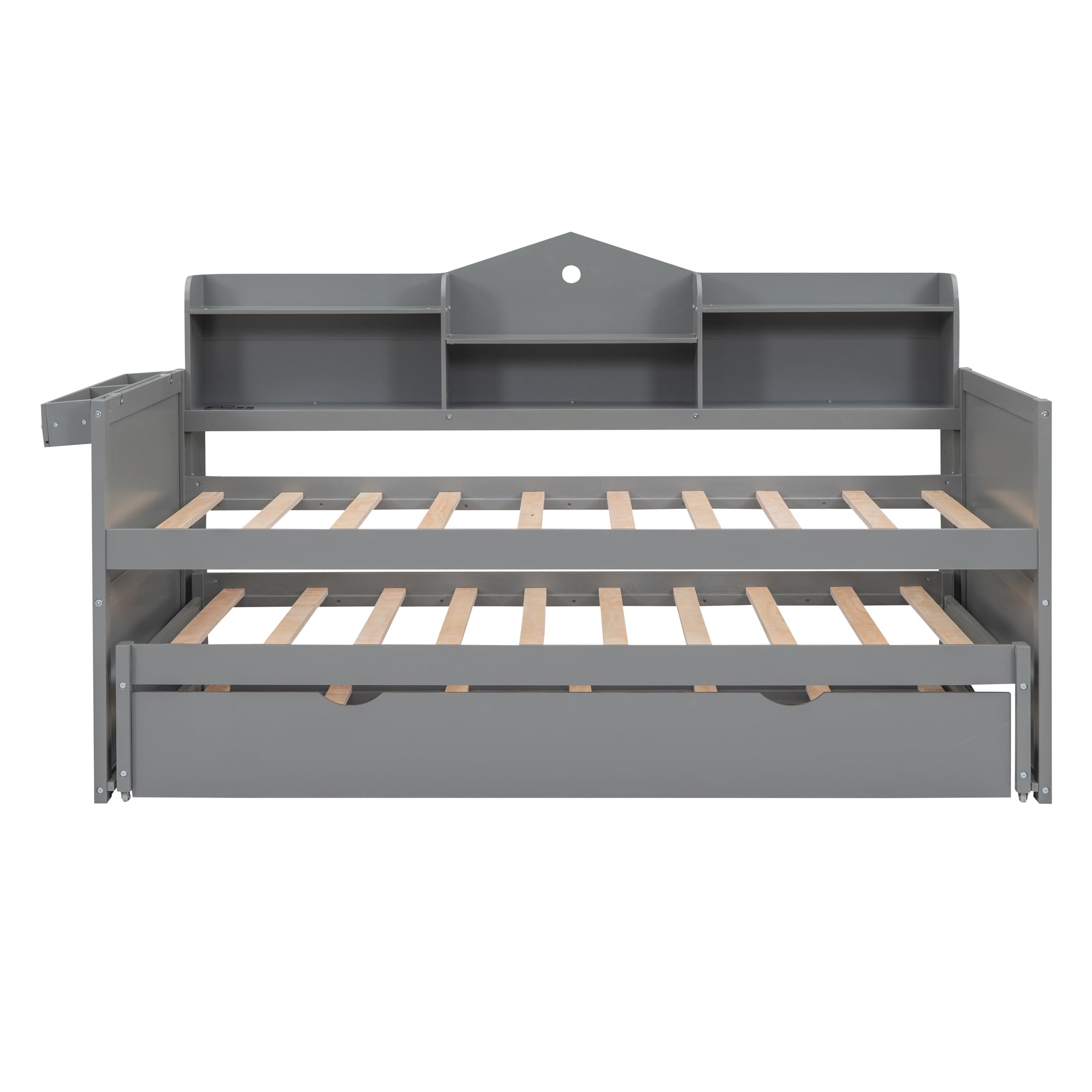 Flieks Wooden Daybed, Twin XL Bed Frame with 2 Twin Trundles, Storage Shelf, and USB Charging Ports, Wood Slat Support, No Box Spring Needed, Easy Assembly, Grey