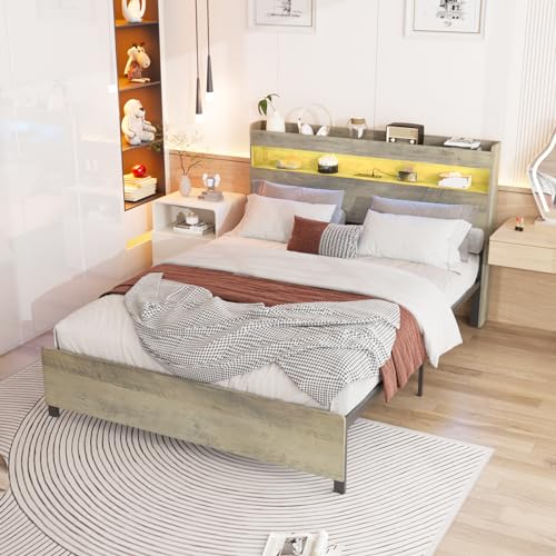 Grey Full Size Bed Frame with 2-Tier Wooden Storage Headboard and Charging Station Modern Upholstered Platform Full Bed Frame with RGB LED Lights Metal Support,No Box Spring Needed,Noise Free,Gray