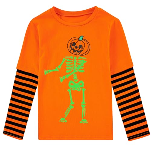 Unisex Kids Little Boys Halloween Pumpkin Shirt Glow in The Dark Skeleton Outfit Girls Stripe Long Sleeve Tee Size 8 9