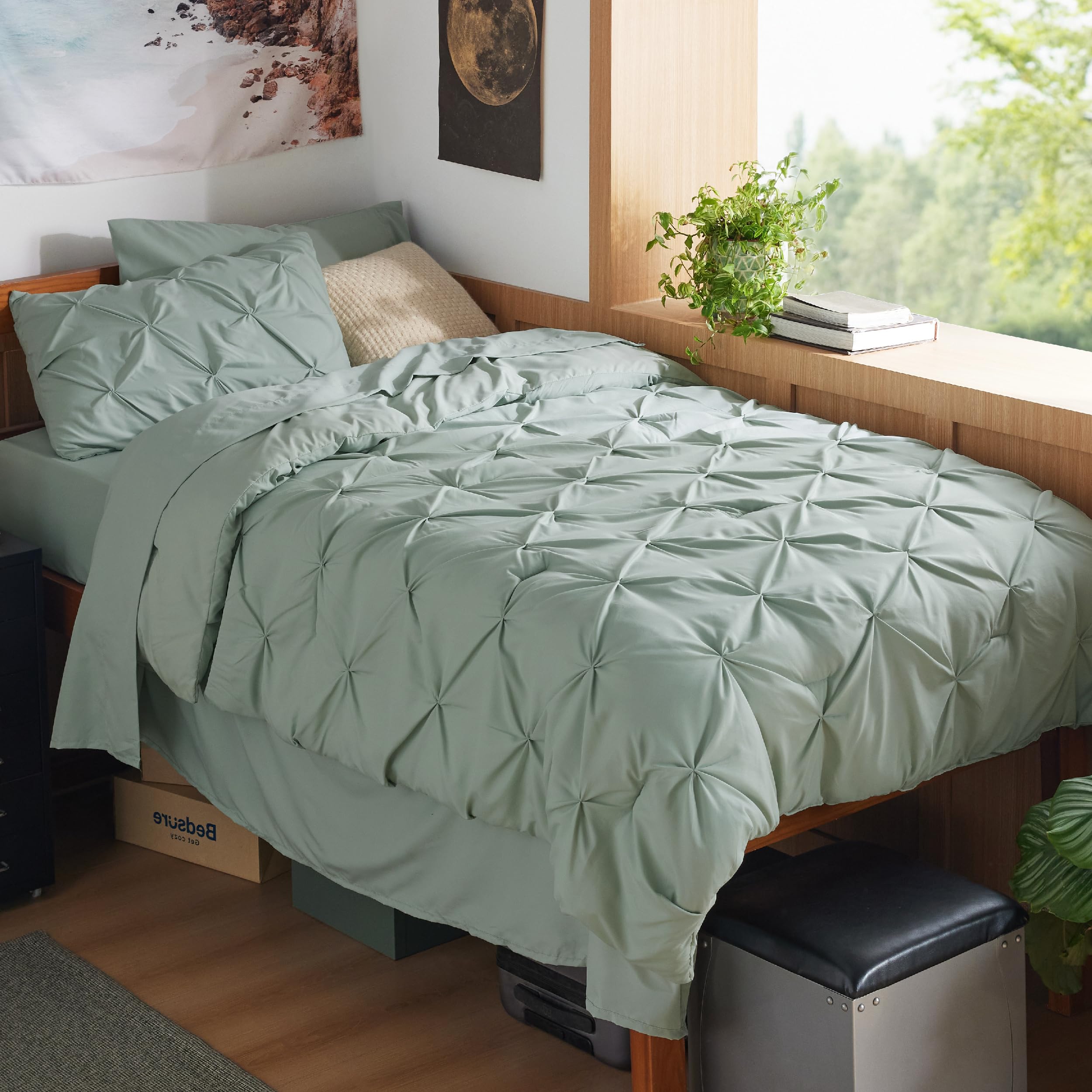 Bedsure Twin XL Comforter Set - Extra Long 5 Pieces Dorm Bedding Sets, GentleSoft™ Pinch Pleat Sage Green Bed in a Bag with Pintuck Comforter, Sheets, Pillowcase & Sham