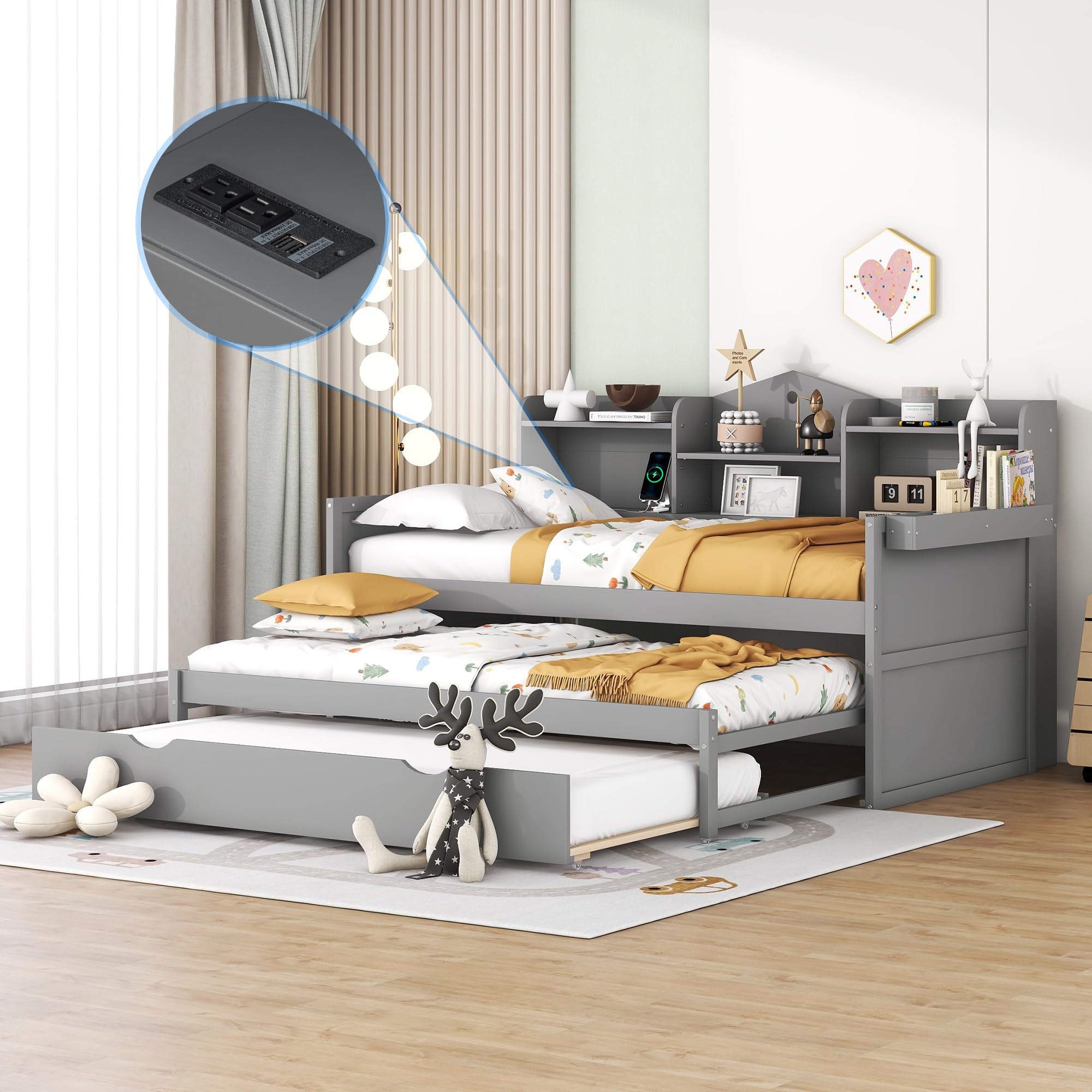 Flieks Wooden Daybed, Twin XL Bed Frame with 2 Twin Trundles, Storage Shelf, and USB Charging Ports, Wood Slat Support, No Box Spring Needed, Easy Assembly, Grey