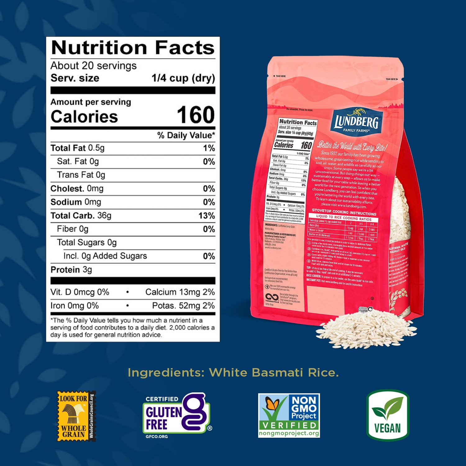 Lundberg Basmati Rice, Long Grain White Rice - Non-Sticky, Fluffy, Nutty, Aromatic Rice, Vegan Food, Healthy Meals, Gluten-Free Rice Grown in California, 32 Oz