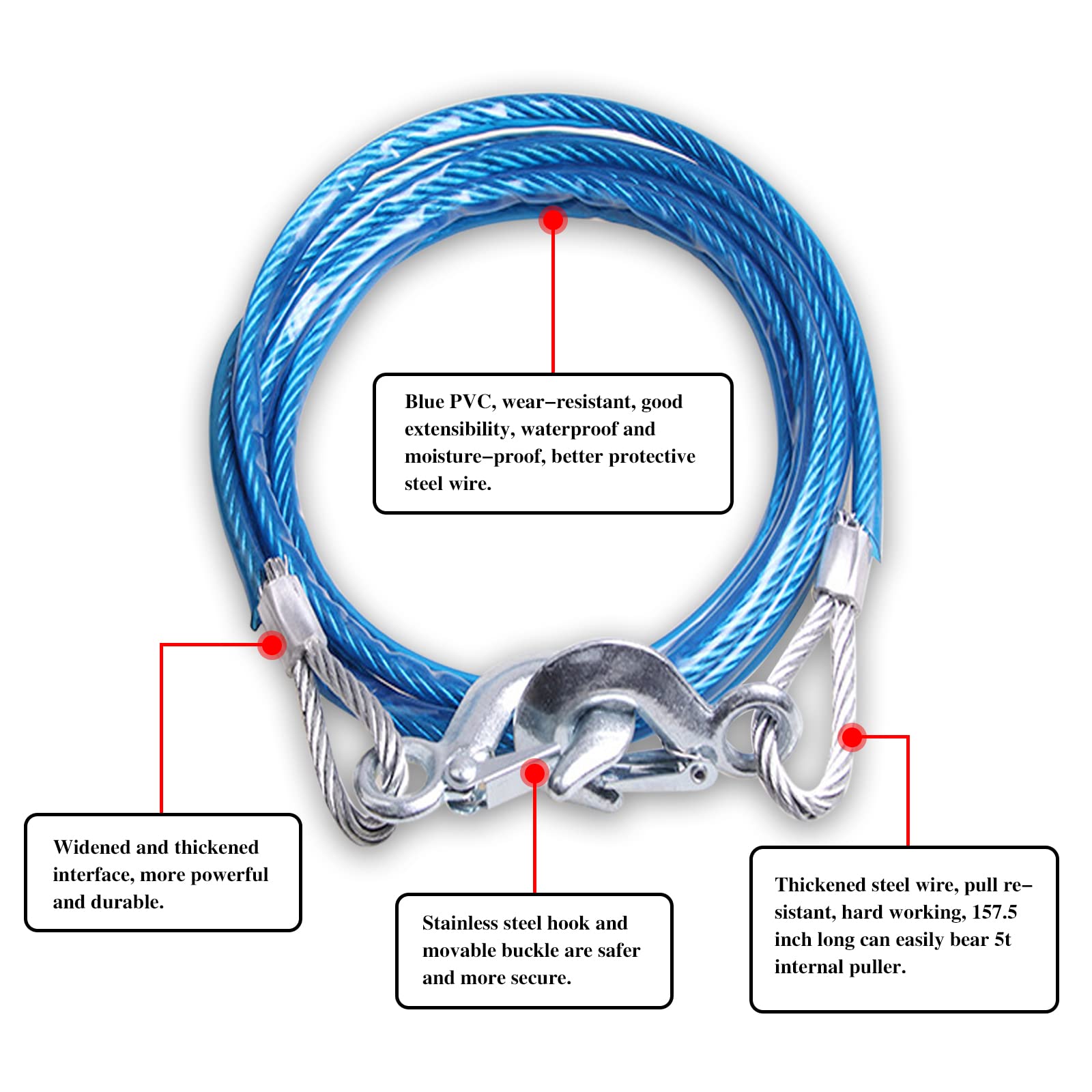 Dewkou Pack-1 Tow Cable with Hooks, 1/2" x 13Ft Blue Winch Cable with Forged Hook, 15432LBS Breaking Strength, Steel Wire Rope for Tow Truck, Rollback, Crane, Wrecker