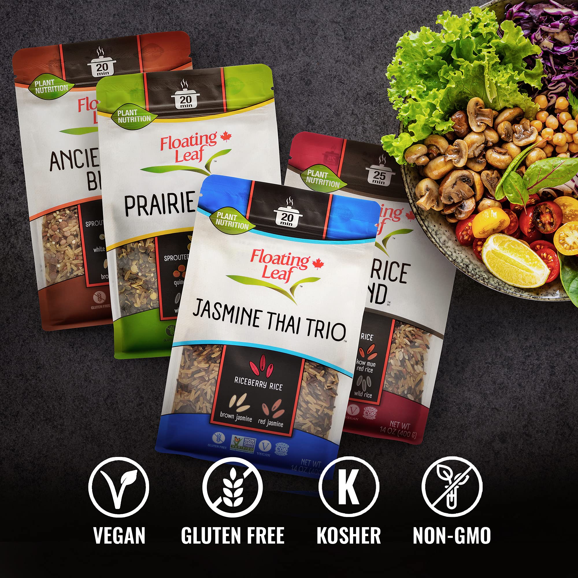 4 Packs x 14 ounces Rice Variety Pack Includes Jasmine Thai Rice Trio, Wild Rice Blend, Prairie Blend and Ancient Field Blend, Non Gluten, Non-Gmo, Kosher and Vegan - Floating Leaf