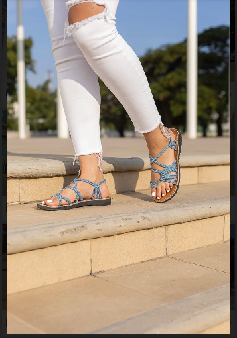 Flow Women's Handcrafted Sandals | Boho Sandals | Beach Rope Sandals | Fresh Smell | Comfort Fit | Tropical | True to Size, Jeans Blue, 7 UK