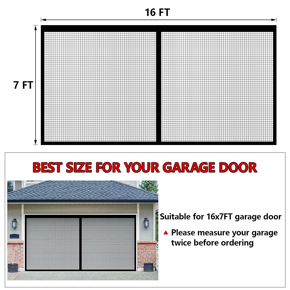 Garage Door Screen for 2 Car Garage Doors, Butizone 16x7FT Reinforced Fiberglass Magnetic Single Garage Screen Door with High Energy Magnets, Hands Free and Easy Assembly