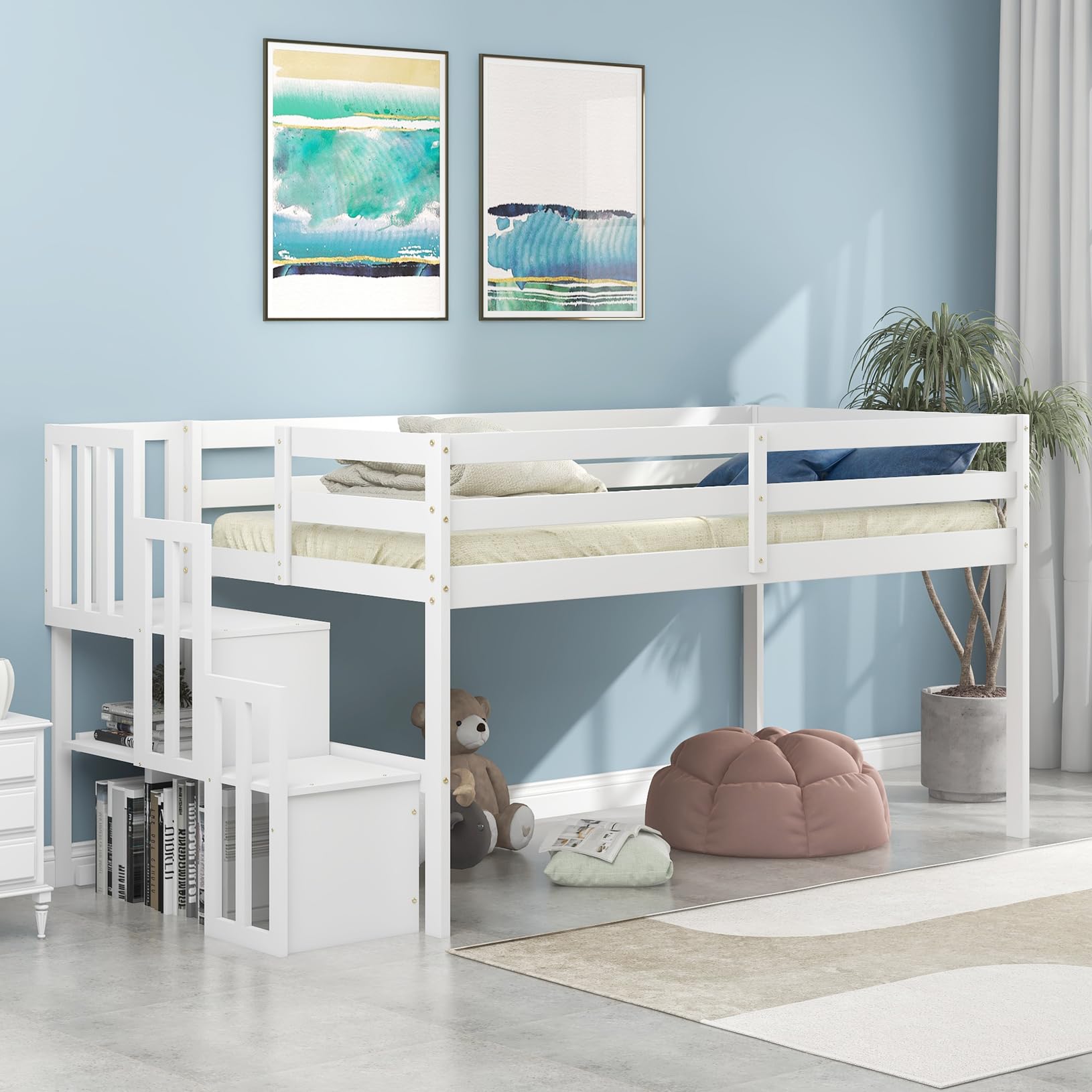 Twin Size Wooden Loft Bed Frames with Storage Staircase, Modern Country Loft Bed with Security Fence, Easy Assemble for Bedroom Small Living Space Boys Girls Adults Teens, Noise Free (White)