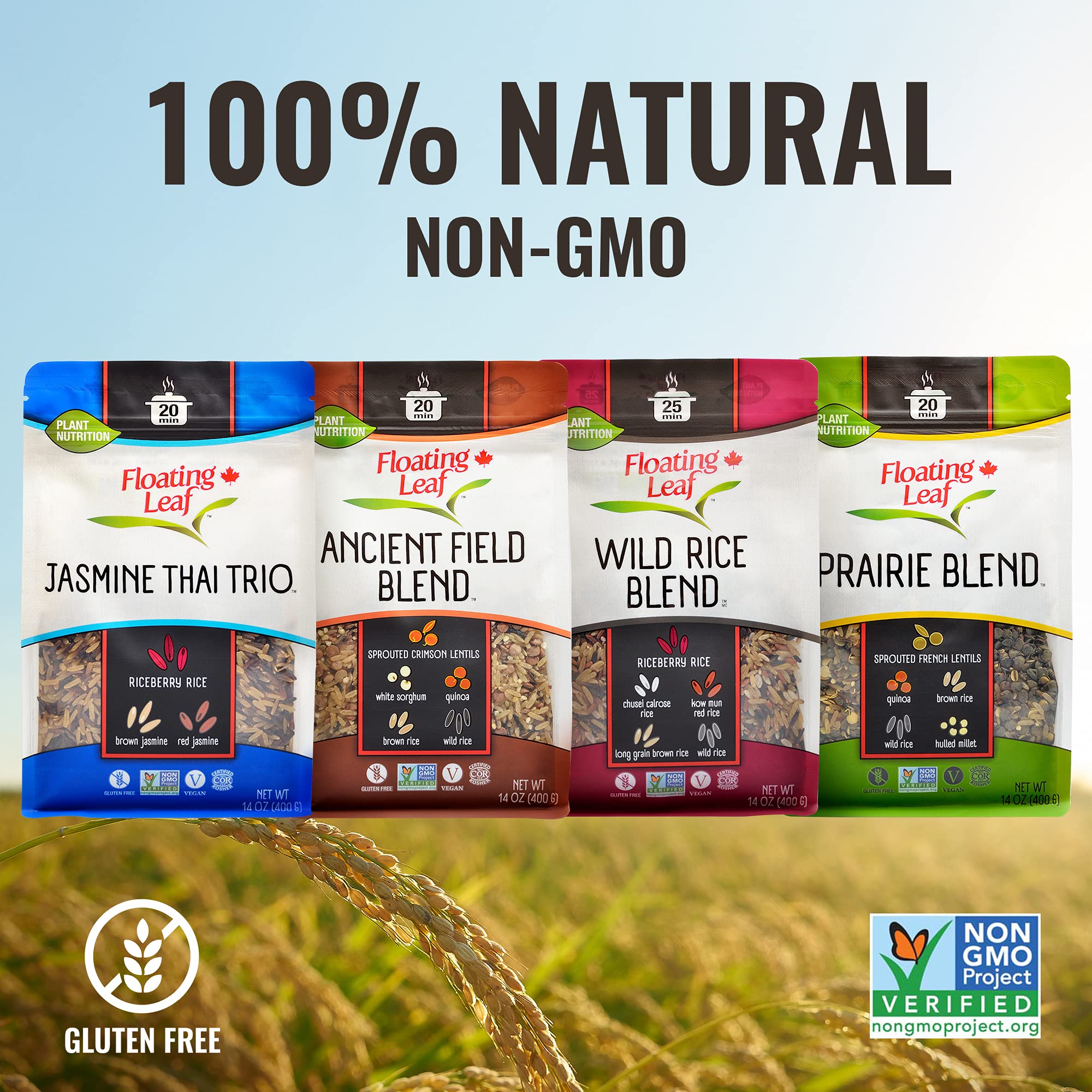 4 Packs x 14 ounces Rice Variety Pack Includes Jasmine Thai Rice Trio, Wild Rice Blend, Prairie Blend and Ancient Field Blend, Non Gluten, Non-Gmo, Kosher and Vegan - Floating Leaf